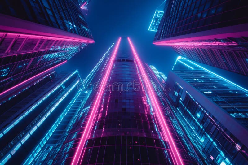 Top-down Perspective of a Towering Skyscraper with Vibrant Neon Lights ...