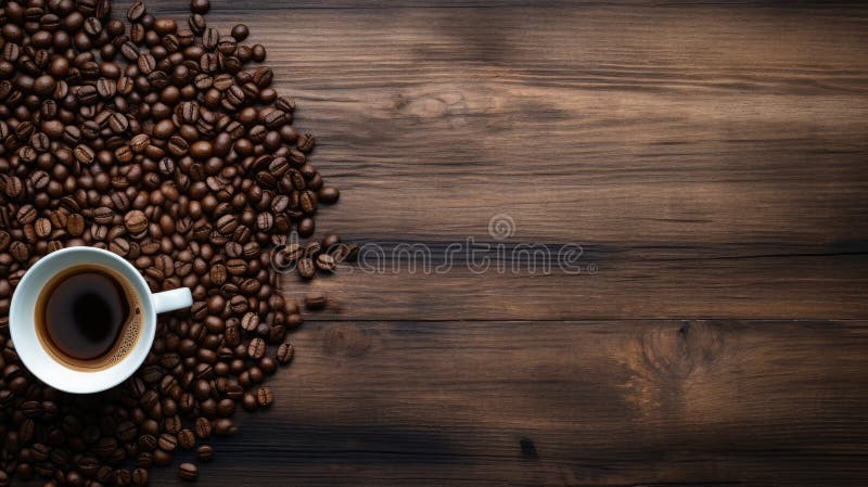 Top-down Photo of a Coffee Cup and Beans on a Wooden Tabletop, Copy ...