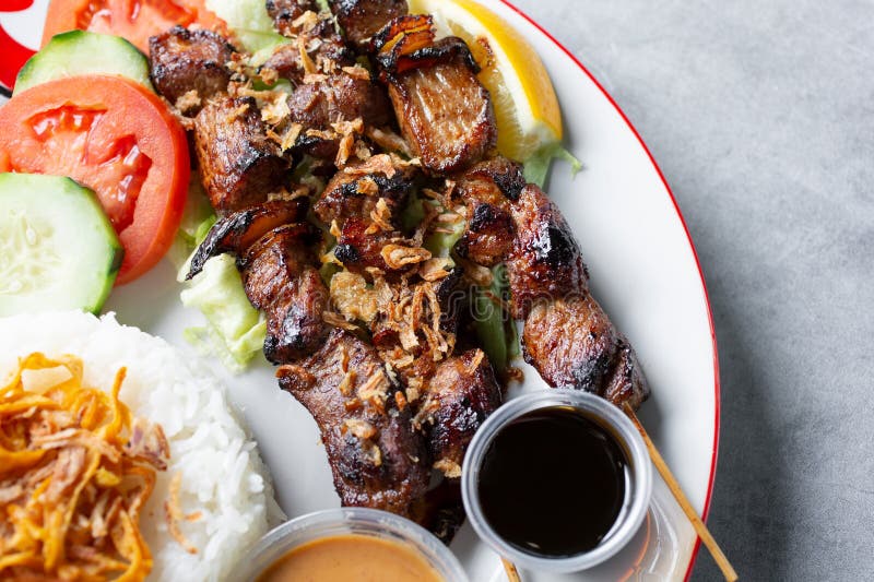 Top Down Plate Pork Satay, Indonesian Food Stock Photo - Image of ...