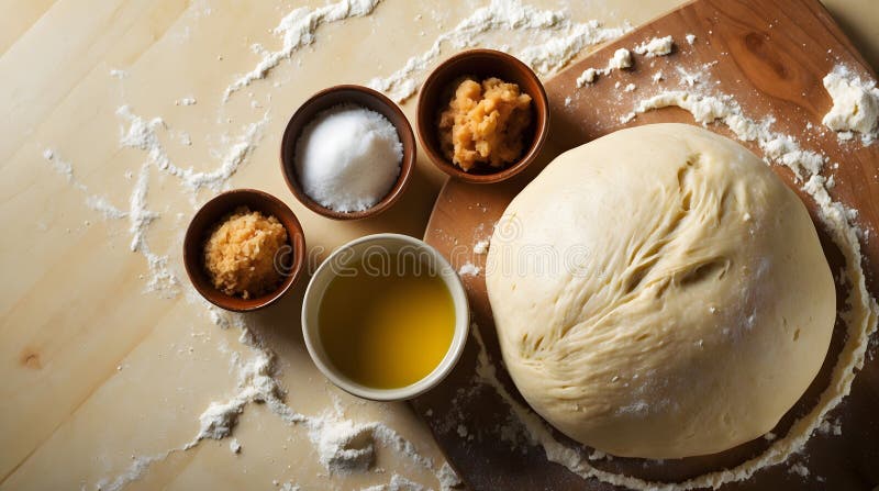 Top-Down Rustic Bread Dough with Salt and Oil on Floured Surface Stock ...