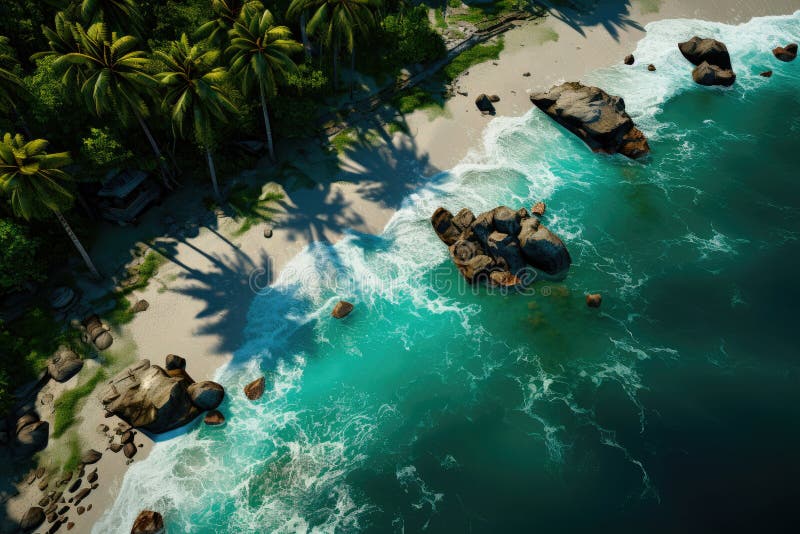 Top Down Seashore with Palm Trees, Beach with Rocks Stock Illustration ...