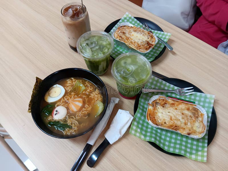 Delicious Asian Fusion Meal: Ramen, Pasta Bake, Matcha, and Iced Coffee ...