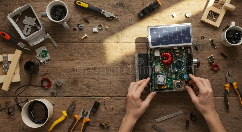 DIY Tech Project: Solar-Powered Gadget Repair on Wooden Table Stock ...