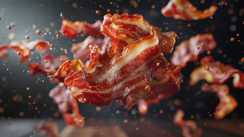 Top-down Shot of Levitating Pieces of Crispy Bacon Stock Illustration ...