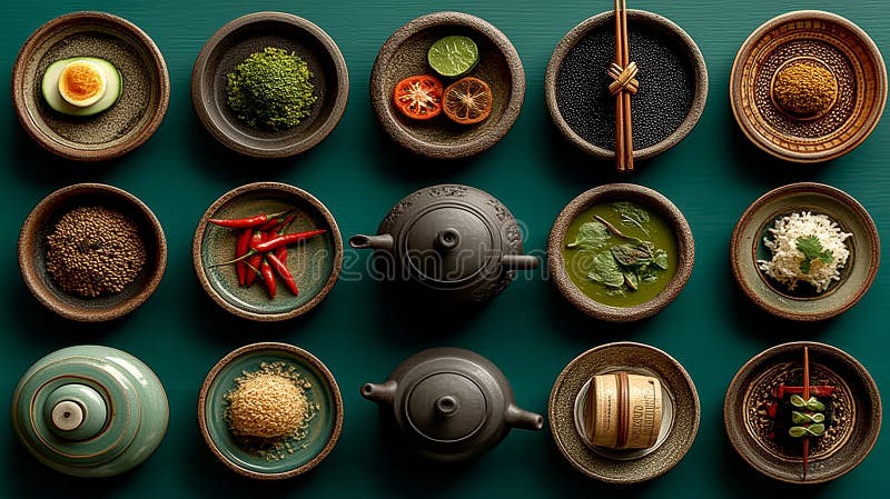 Top-down Grid of 10 Traditional Round Tables with Global Cuisines Stock ...