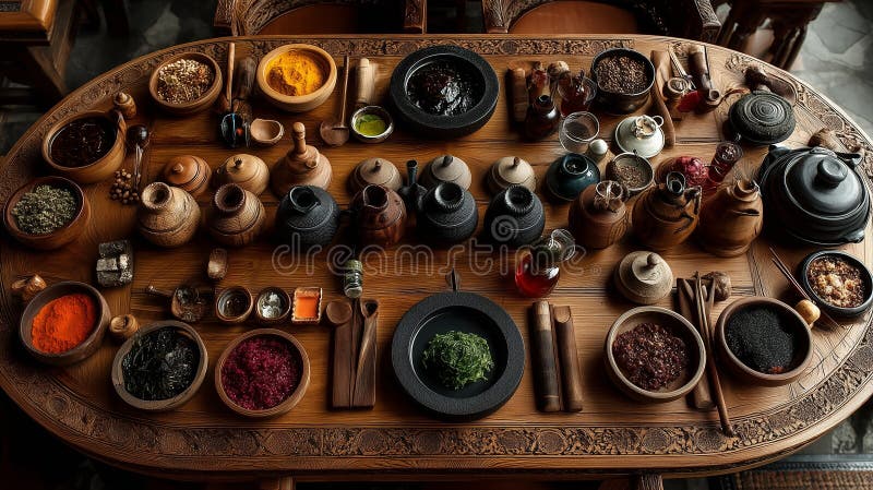 Top-down Grid of 10 Traditional Round Tables with Global Cuisines Stock ...