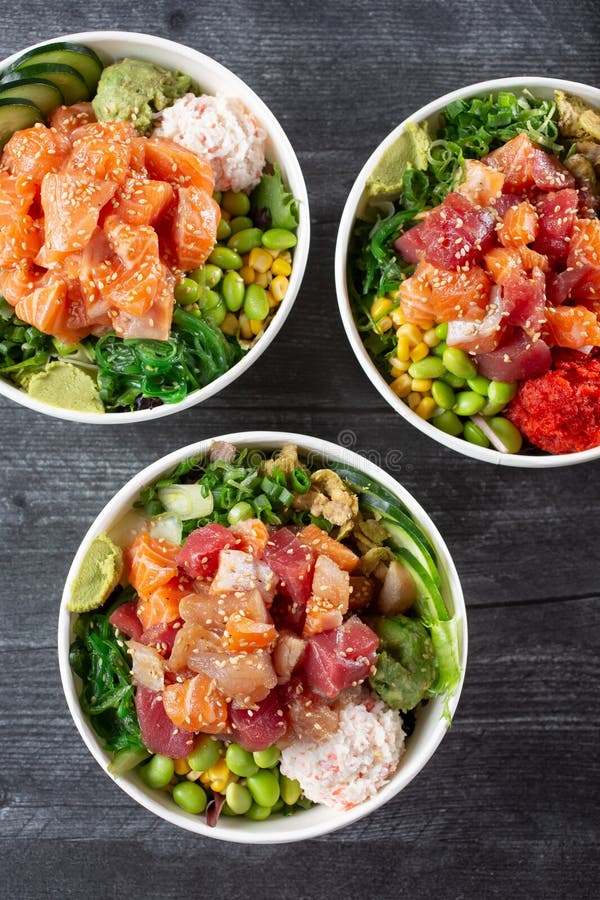 Top down three poke bowls stock photo. Image of ingredient - 281902458