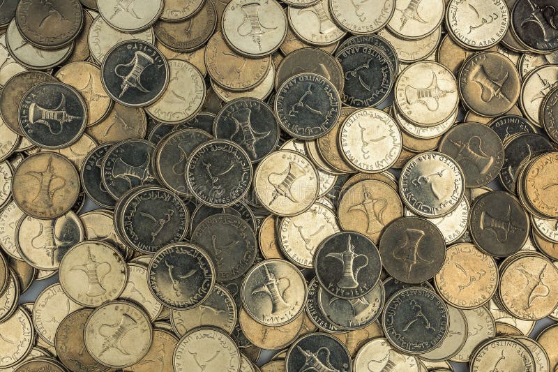 Top-down View of an Accumulation of Emirati Dirham Coins Editorial ...
