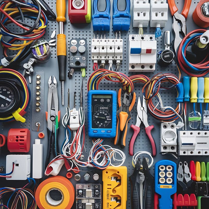 Top-Down View of Assorted Electrical Tools and Components Stock Photo ...
