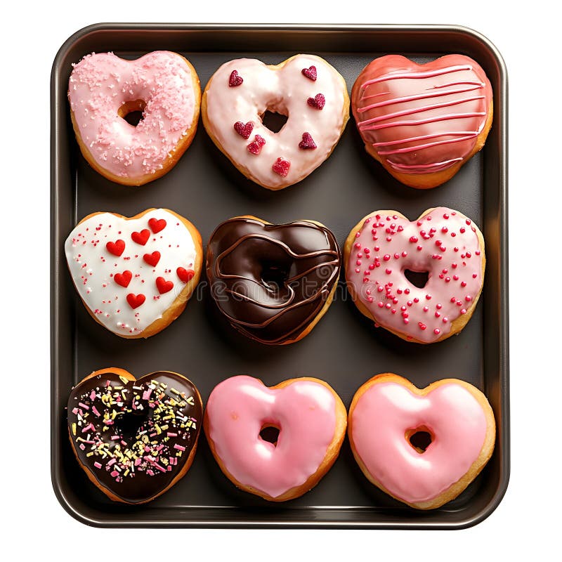 Assorted Heart Shaped Donuts with Various Toppings on a Baking Sheet ...