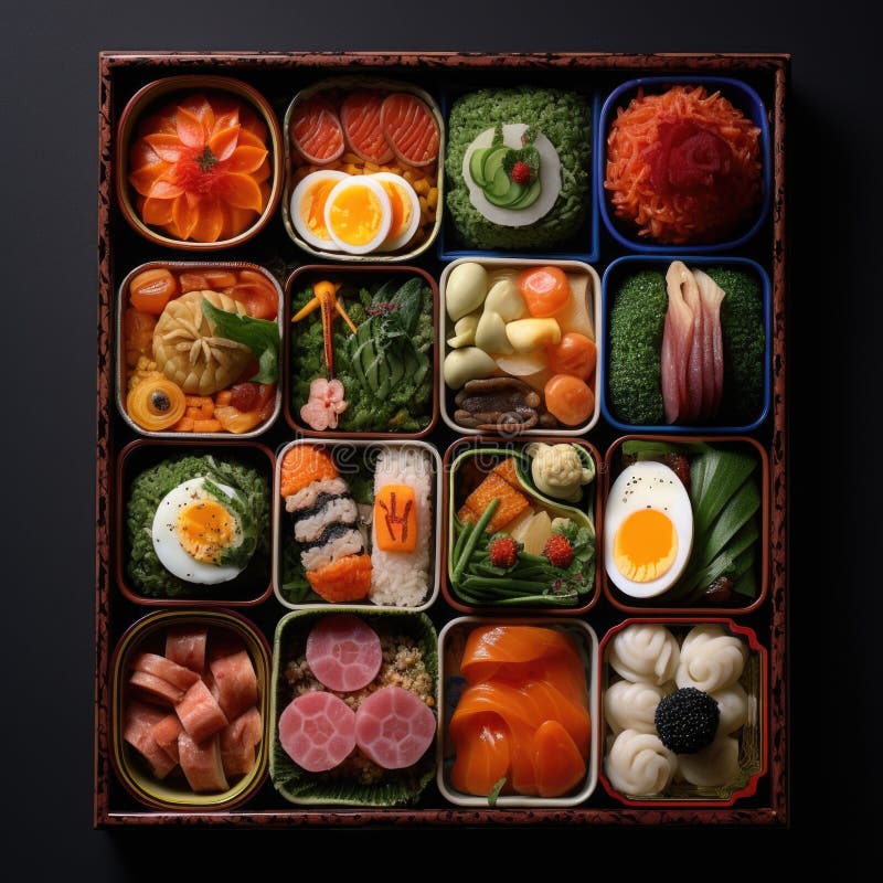 Top-Down View of Assorted Japanese Bento Box Orga Stock Illustration ...