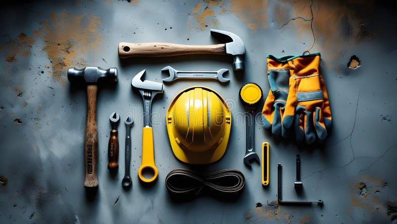 Top-Down View of Assorted Labor Tools on Rustic Concrete Background ...