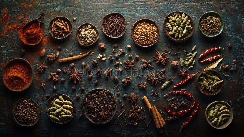 Top Down View of Assorted Spices in Bowls and Scattered Stock ...