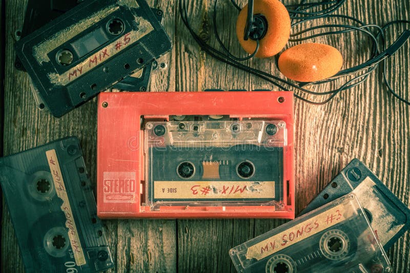 Top Down View of Audio Cassette with Player and Headphones Stock Image ...