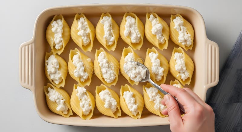 Filling Jumbo Pasta Shells with Ricotta Cheese in Baking Dish ...