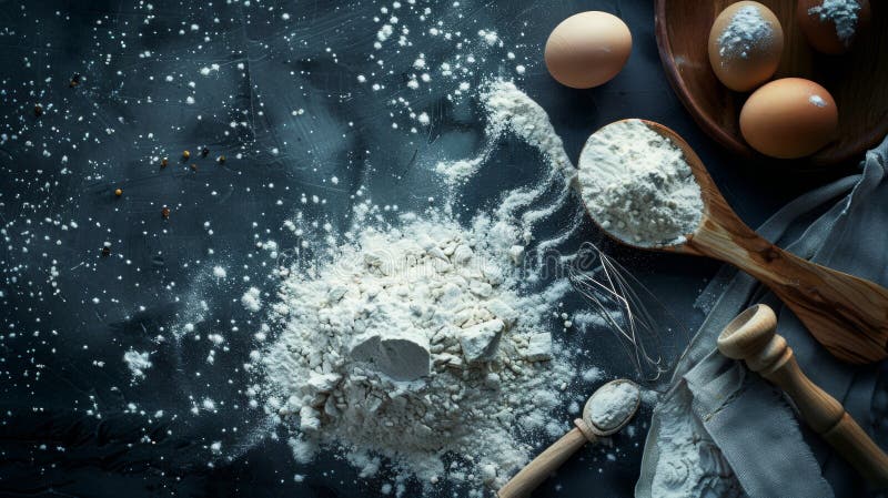 Baking Ingredients with Flour and Eggs on a Dark Surface Stock Image ...