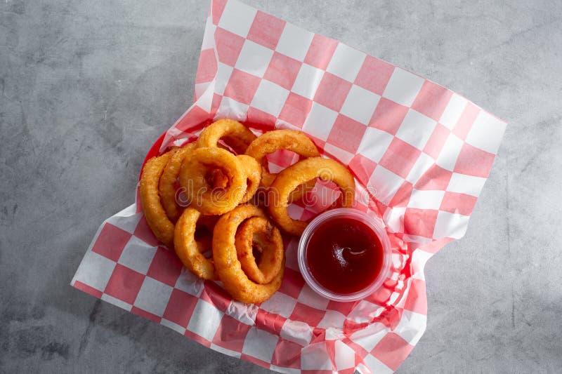 Top Down View of Basket of Onion Rings Stock Image - Image of setting ...