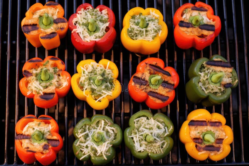 Top-down View of Bbq Grill Teeming with Stuffed Bell Peppers Stock ...