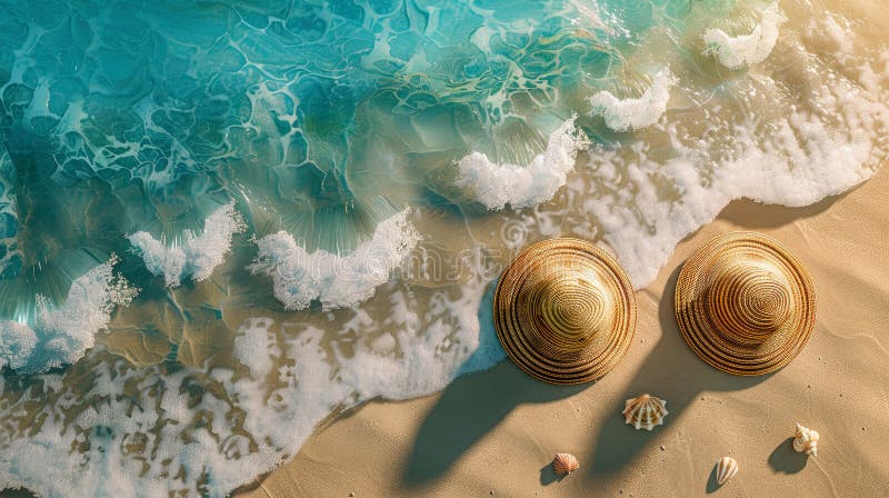 Top-down View of the Beach with Straw Hats Lying on a Sand Stock ...