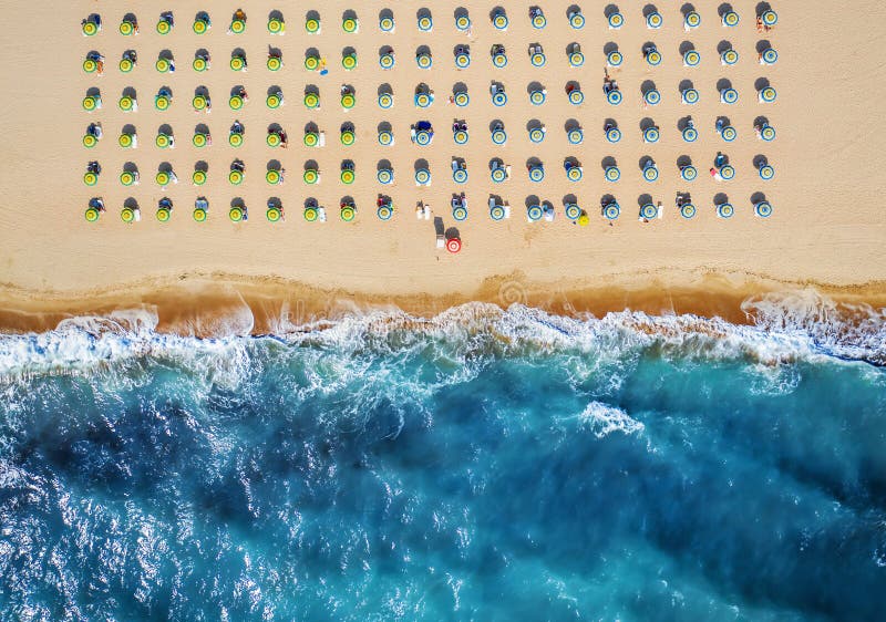 Top Down View of Beach with Straw Umbrellas. Stock Image - Image of ...