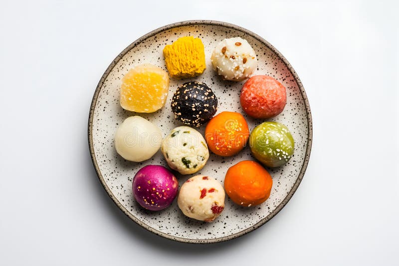 Assorted Round-Shaped Sweets on a Beige Speckled Plate, Laddoo, Indian ...