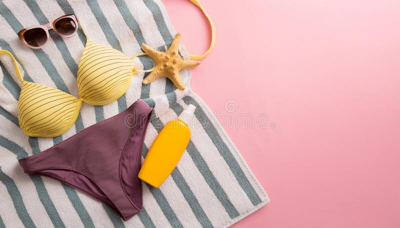 Top Down View Bikini, and Sun Tan Lotion on Beach Towel Card Stock ...