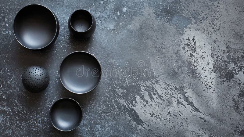 Top-down View of Black Ceramic Bowls on a Textured Grey Surface Stock ...