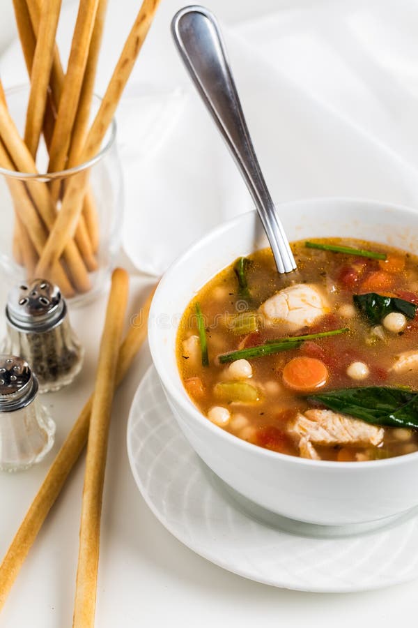 Top Down View of a Bowl of Homemade Chicken Vegetable Soup Served with ...