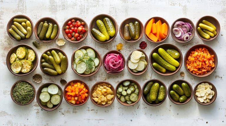 Top Down View of Bowls of Pickles Stock Illustration - Illustration of ...