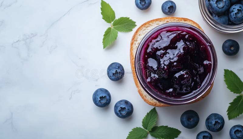 Top-Down View of Bread with Homemade Blueberry Jam on a White Rustic ...