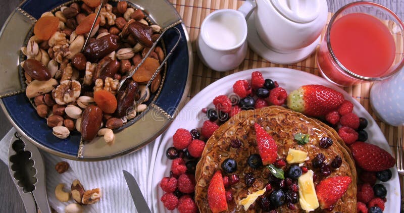 Top Down View of a Breakfast of Pancakes with Berries and Fruits Stock ...