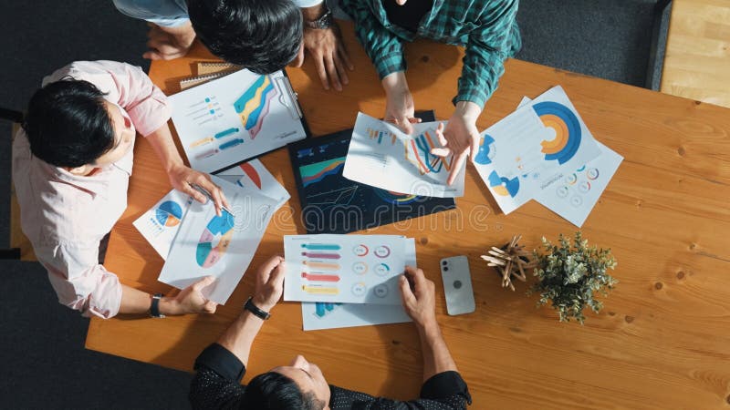 Top Down View of Business People Analyze Data Together at Meeting. Convocation. Stock Image ...