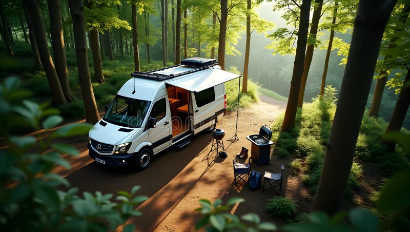 A Camper Van Parked in the Middle of a Lush Forest Clearing Stock ...