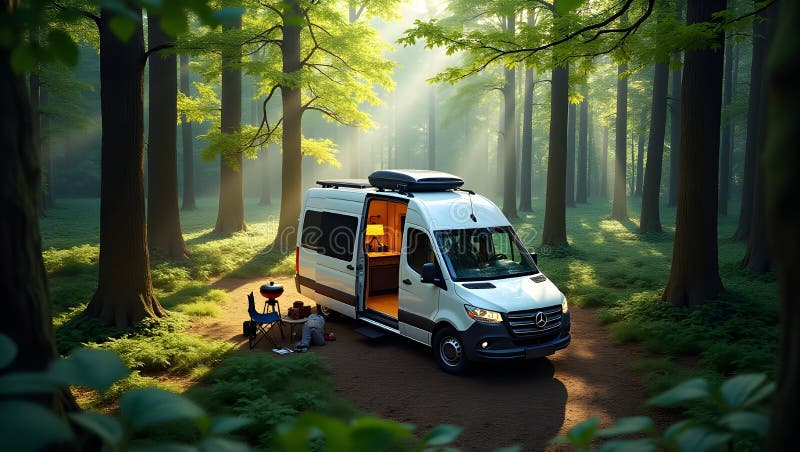 A Camper Van Parked in the Middle of a Lush Forest Clearing Stock ...