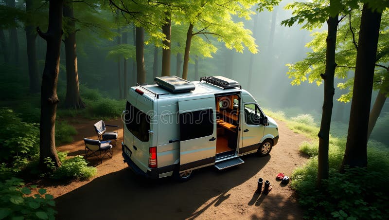 A Camper Van Parked in the Middle of a Lush Forest Clearing Stock Image ...