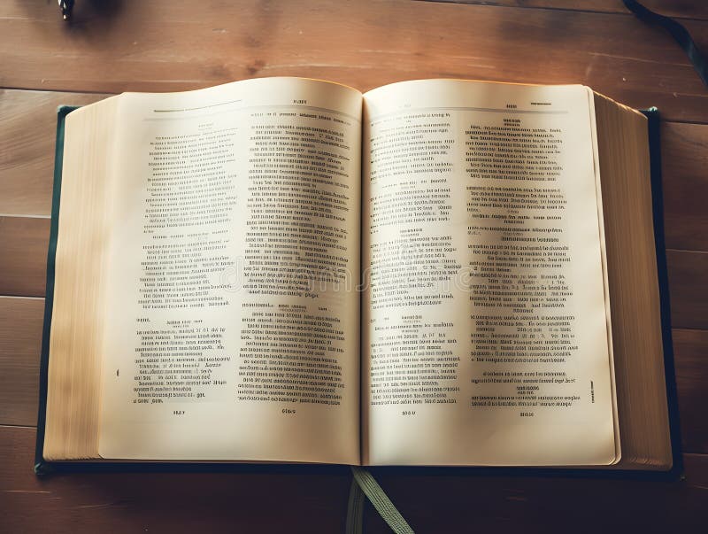 Top View Closeup of Text in an Opened Book Resting on Desk.GenerativeAI ...