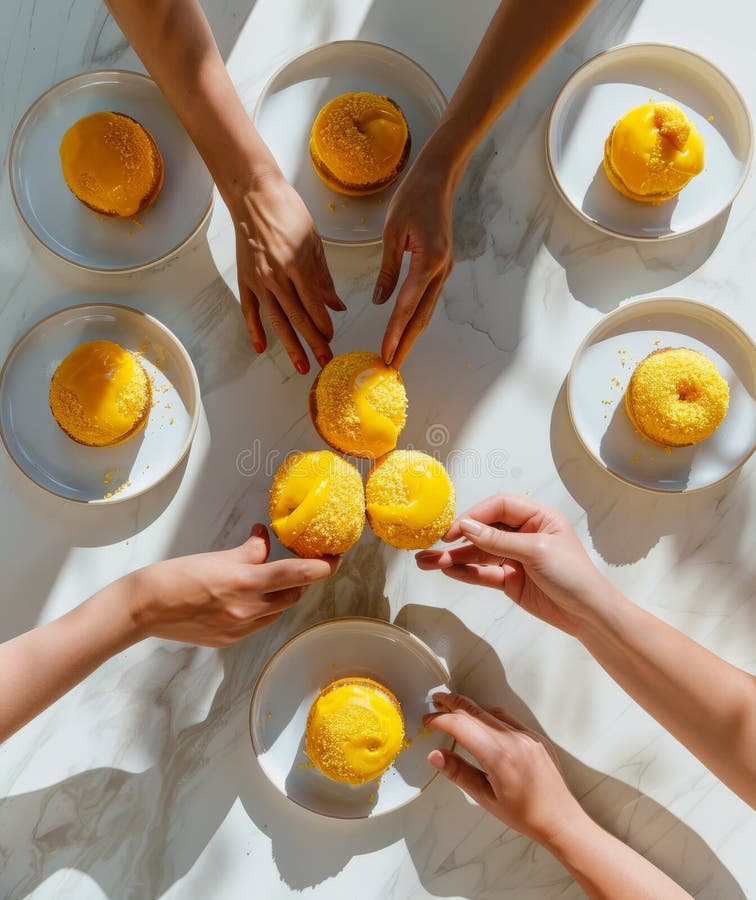 Top-down View of Six Hands Reaching for Delicious Yellow Pastries on ...
