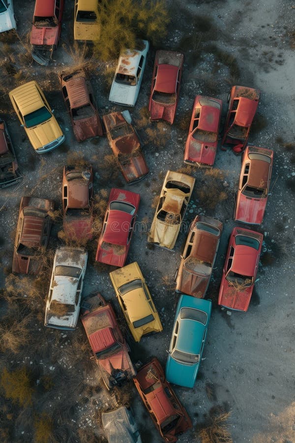 Top-down View of a Car Graveyard at Sunset with Rusting Vehicles ...