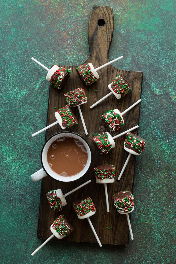 Top Down View of Chocolate Dipped Marshmallow Pops Covered in Festive ...