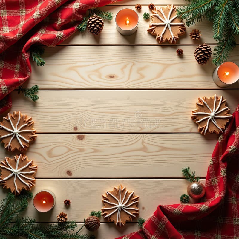 A Top-down View of a Christmas Themed Border on a Rustic Wooden Table ...