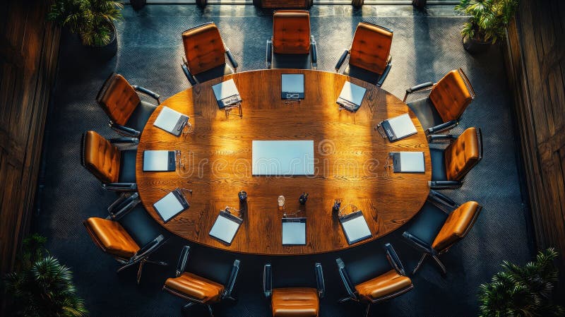 A Top Down View of Circular Boardroom Table with Leather Chairs ...