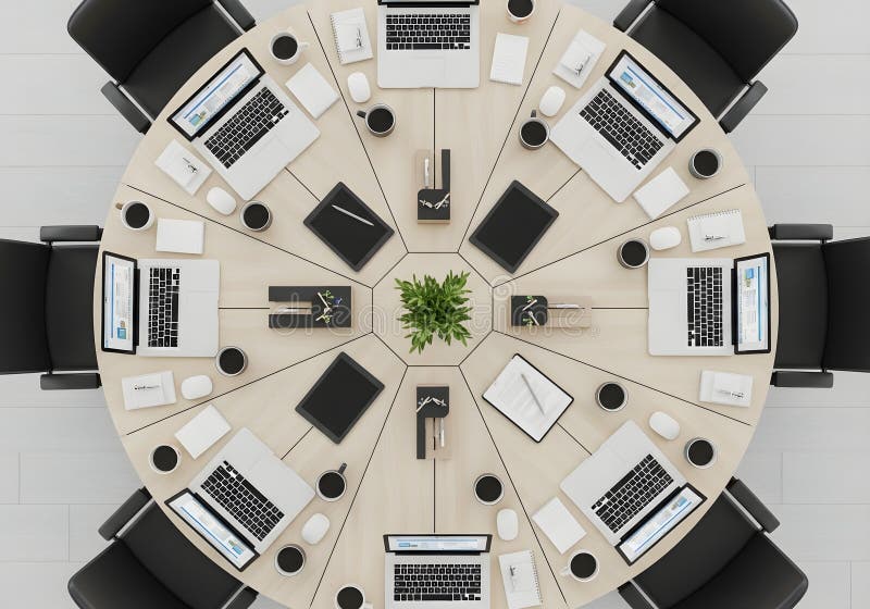 Top-down View of Circular Workspace Layout with Laptops and Tools ...