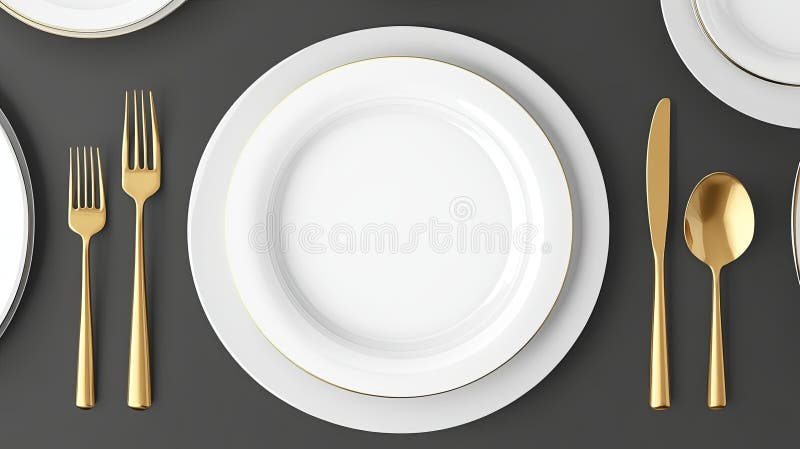 A Top-down View of a Clean Dinner Setting with White Plates and Gold ...