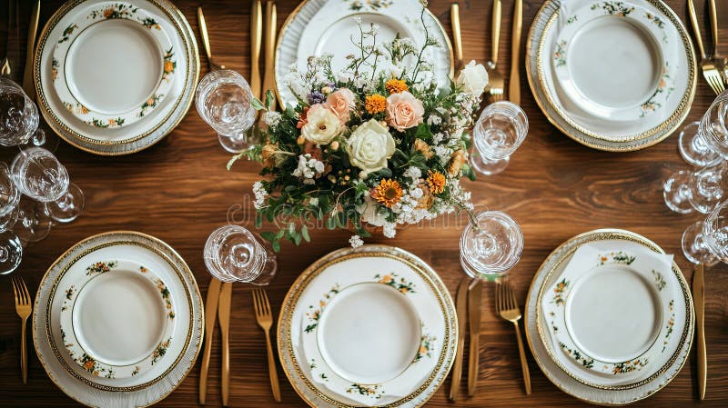 A Top-down View of a Clean Dinner Setting with White Plates and Gold ...