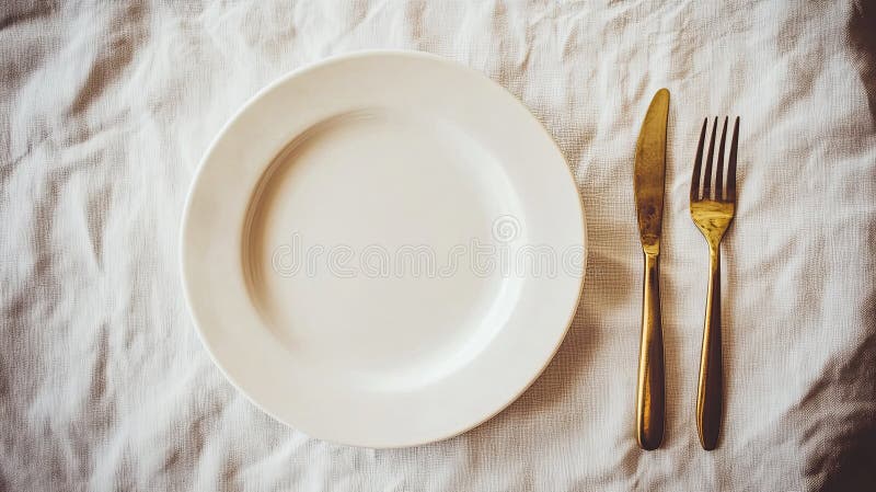 A Top-down View of a Clean Dinner Setting with White Plates and Gold ...
