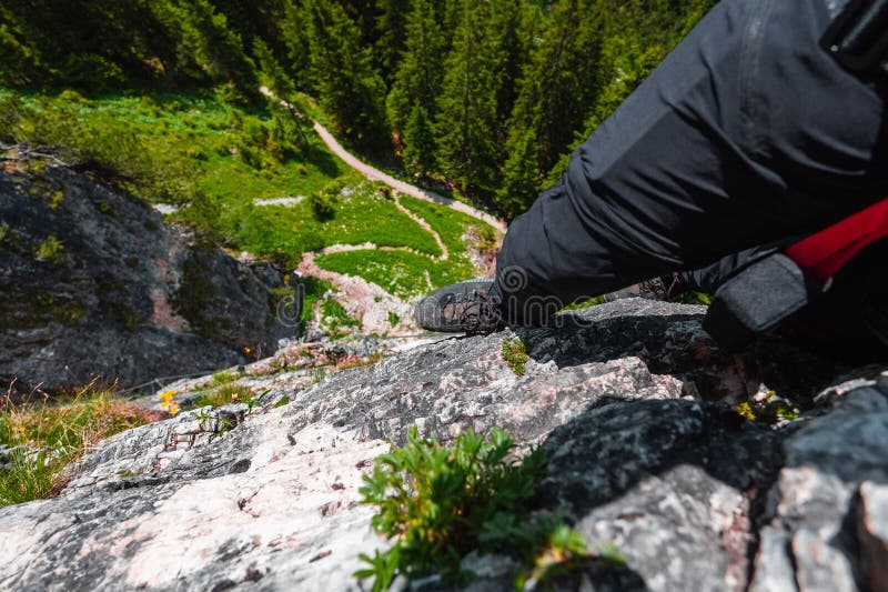 Top Down View of Climber Standing on Climbing Stone Wall Stock Image ...