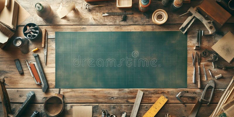 Top-down View of a Cluttered Workbench with a Green Cutting Mat and ...
