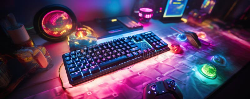 Top Down View of Colorful Illuminated Gaming Accessories Laying on ...