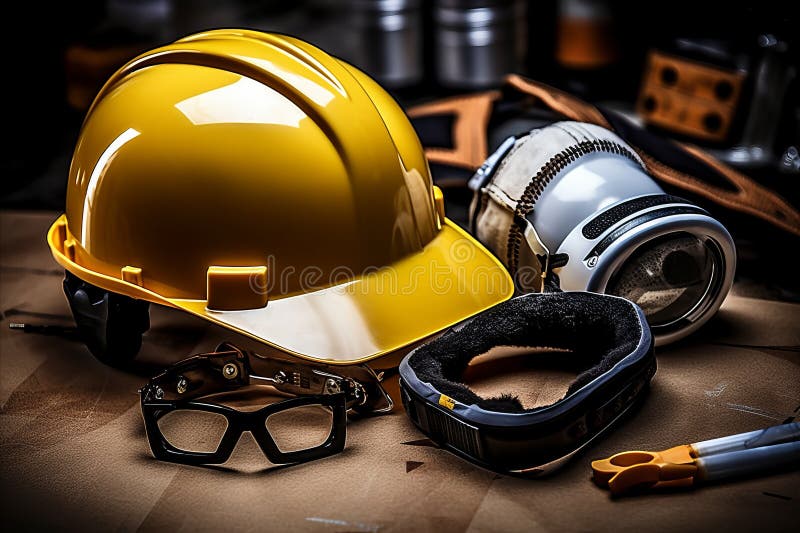 Construction Tools Scheme. Yellow Blue Helmet, Tools and Efficient ...