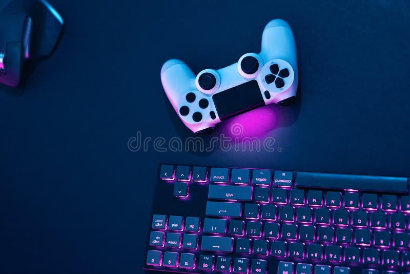 Top Down View of Color Backlighted Computer Keyboard, Mouse and Game ...